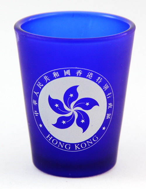 Hong Kong Emblem Cobalt Blue Frosted Shot Glass