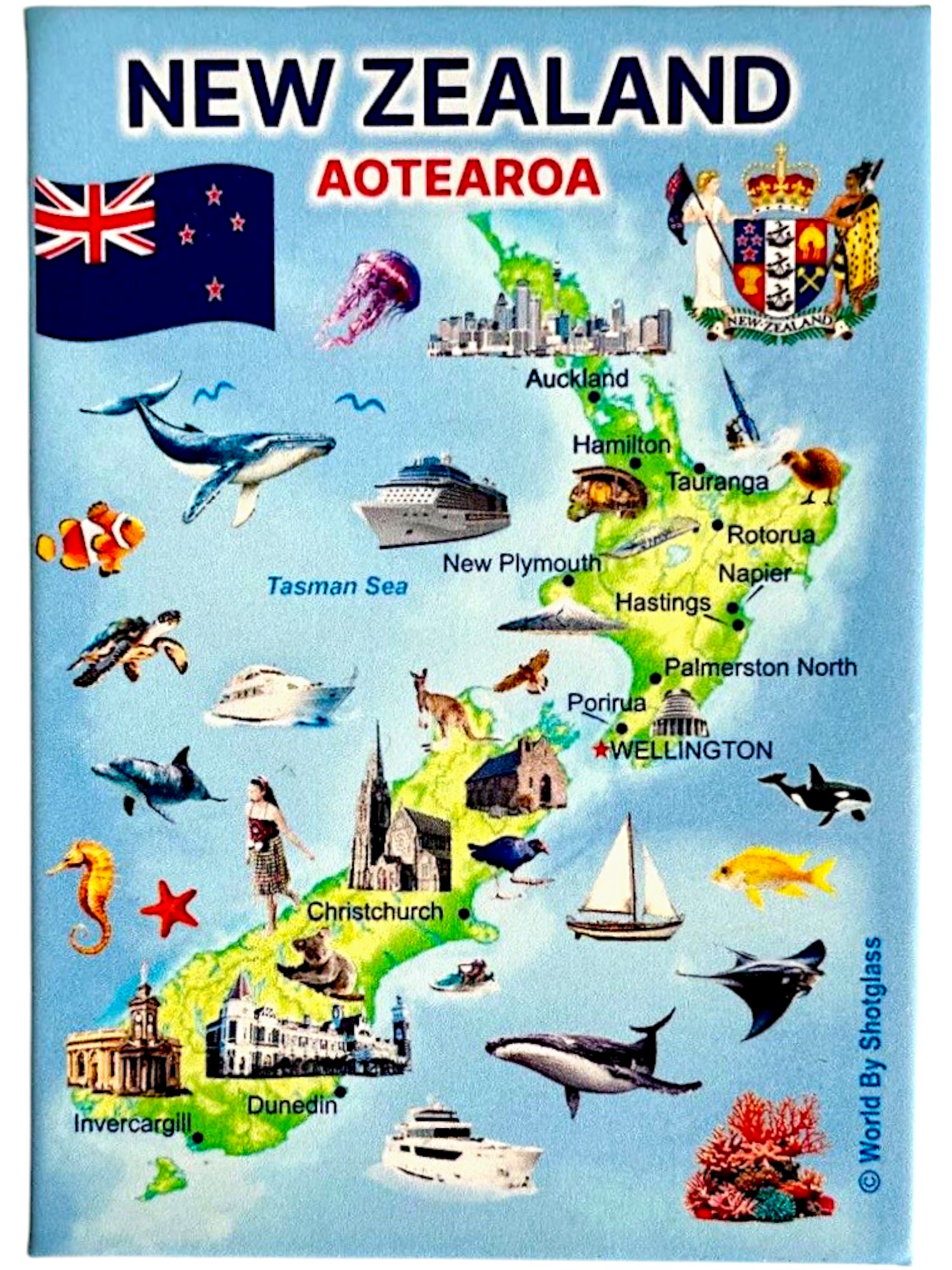 New Zealand Graphic Map and Attractions Souvenir Fridge Magnet