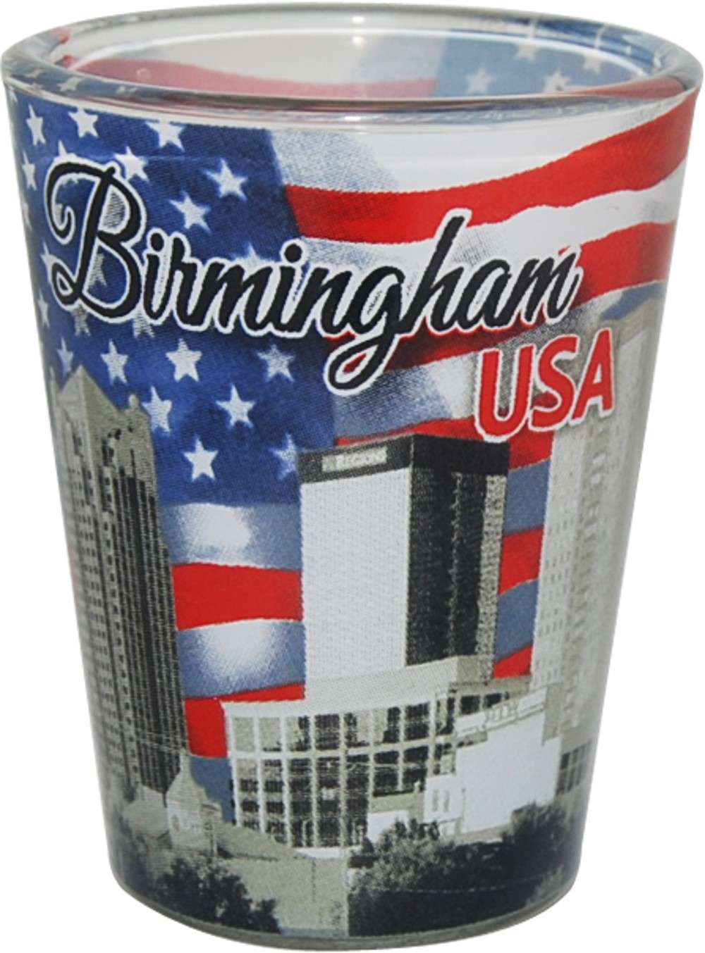 Birmingham Alabama USA Flag and Skyline Collage Shot Glass